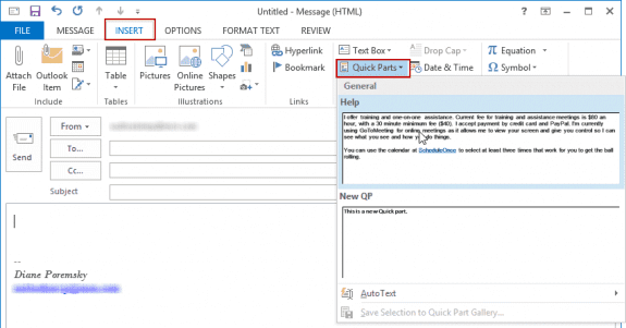 How to Insert Text using Quick Parts