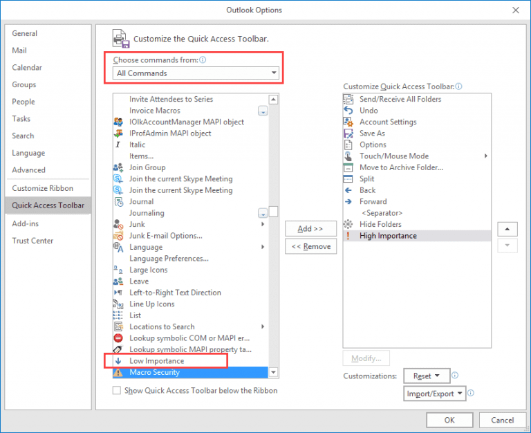Customize the Outlook Toolbar, Ribbon or QAT